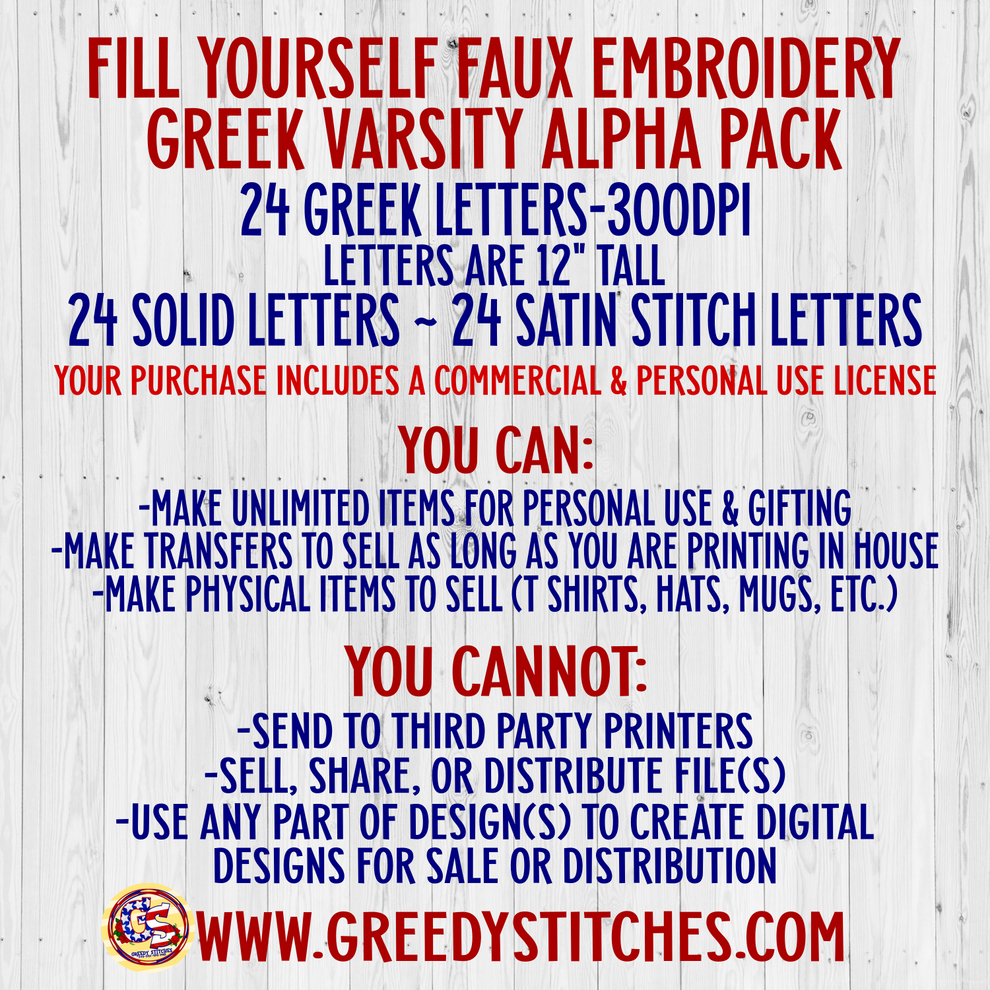 DIY Faux Embroidery Greek Varsity Alpha Pack PNG – Greedy Stitches
